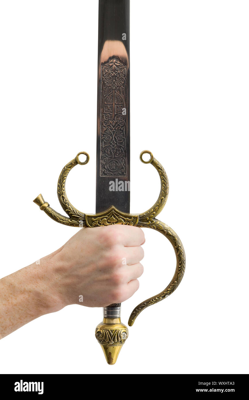 Shaft of sword on hand on the white background Stock Photo - Alamy