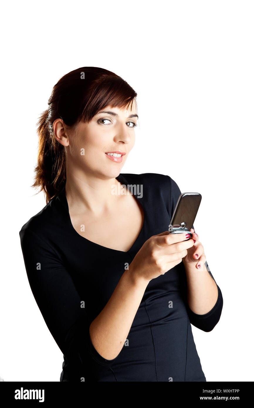 Portrait of a beautiful and attractive young woman sending a text ...