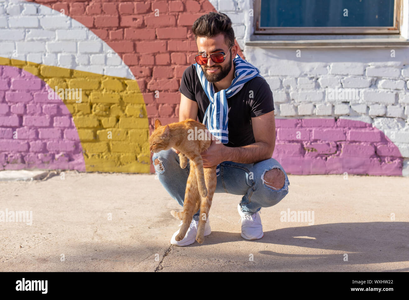 Handsome man is holding and hugging cute cat outdoors Stock Photo - Alamy