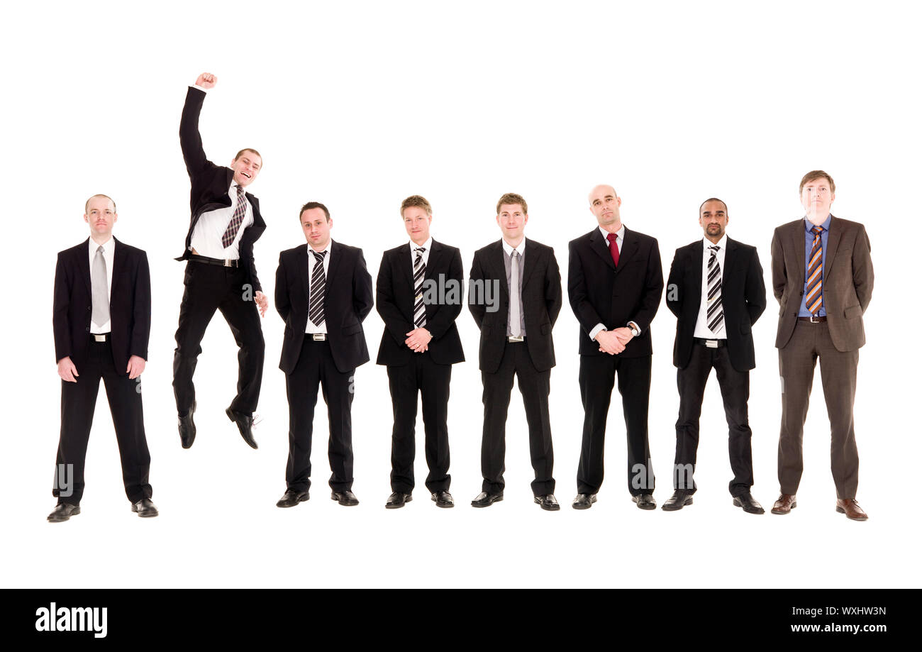 Jumping man in a row with other men isolated on white background Stock ...