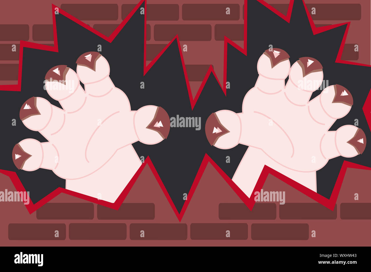 monster hands with claws coming through a broken wall Stock Photo - Alamy