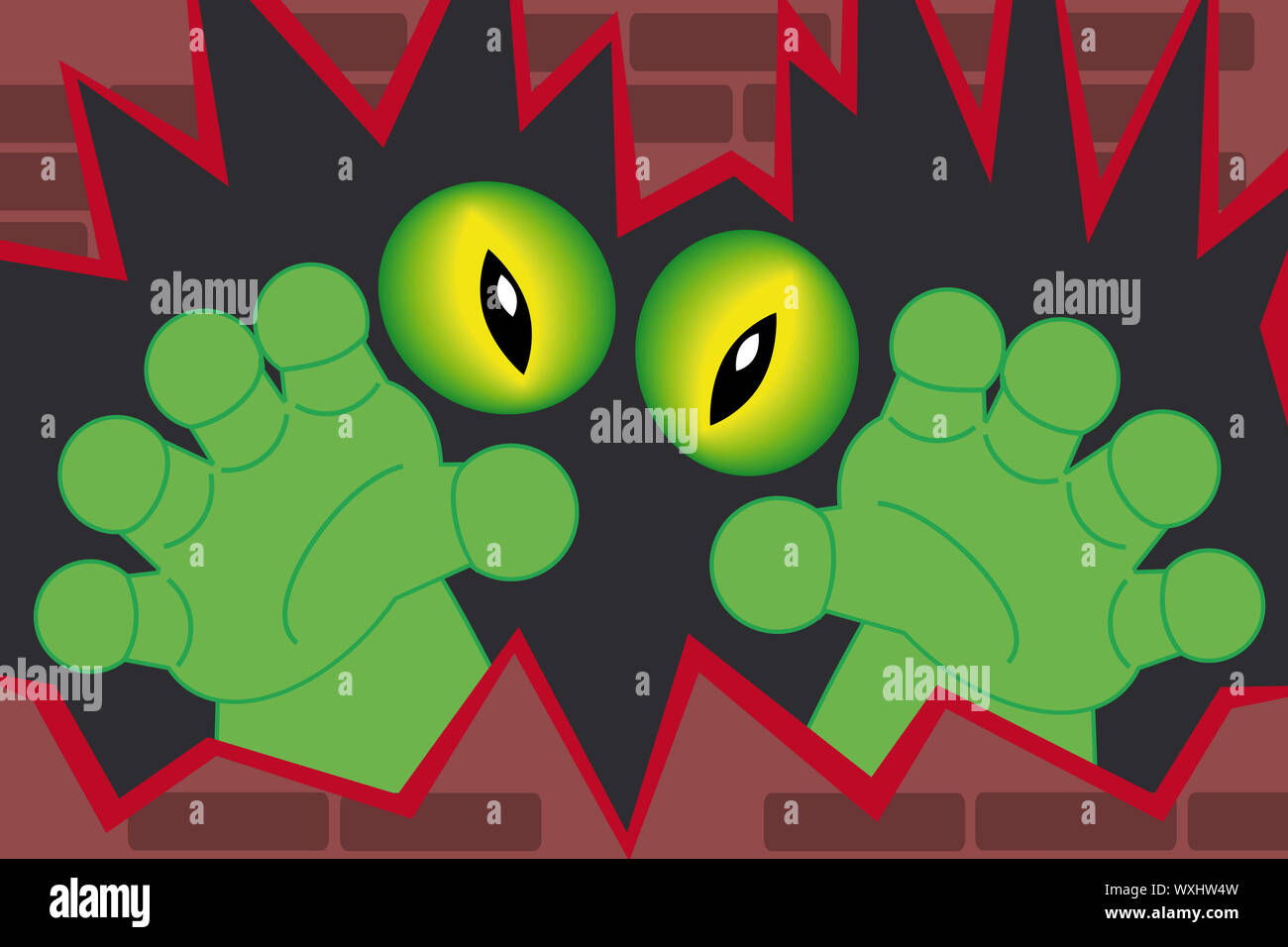 green monster hands and creepy alien eyes coming out of a wall Stock ...