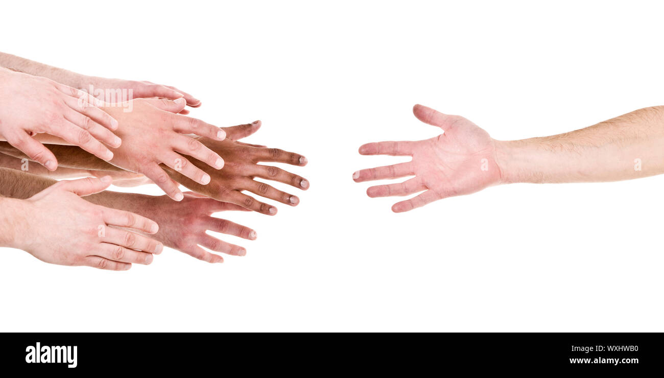 Hand reaching out for help isolated on white background Stock Photo - Alamy