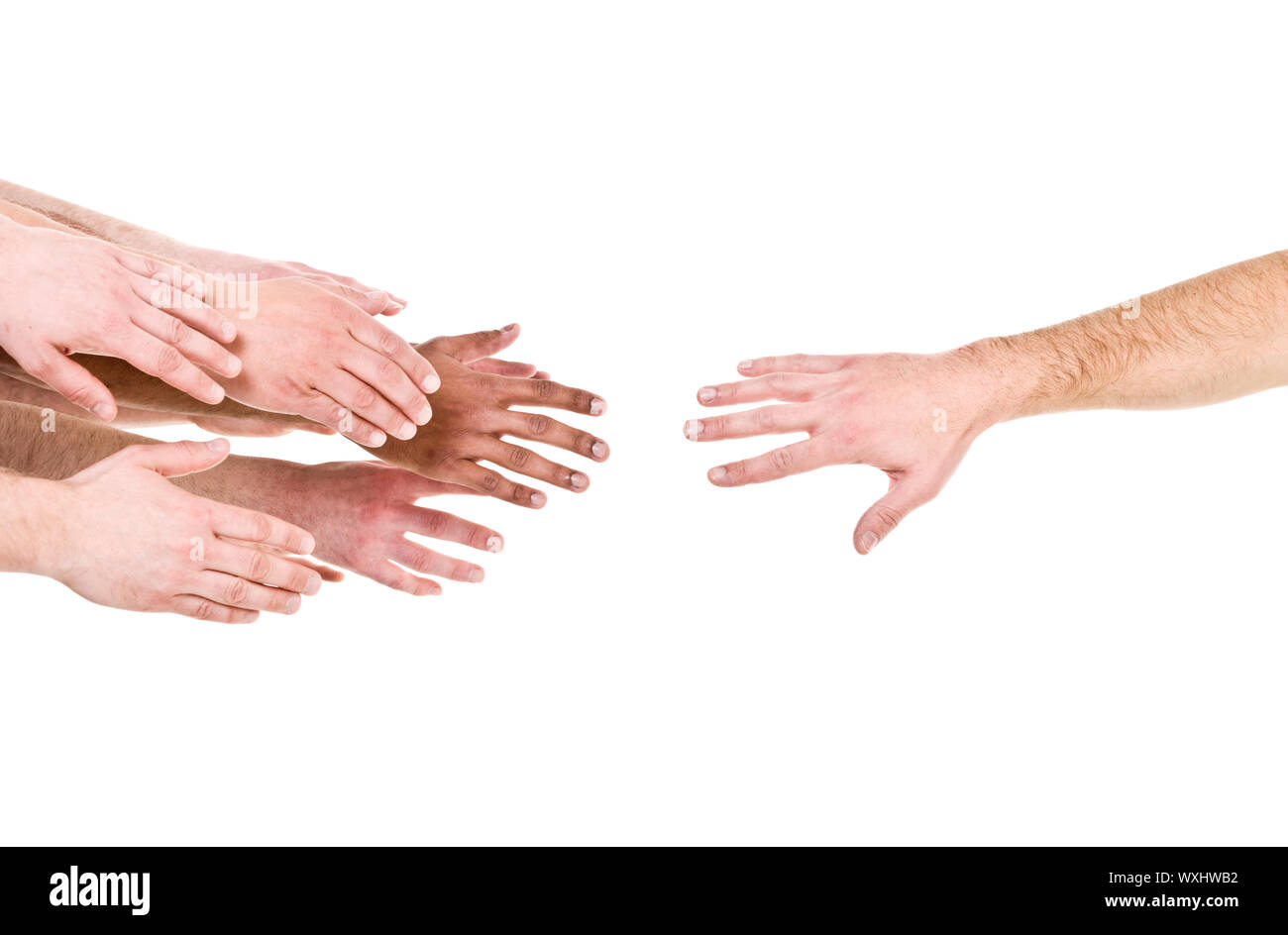 Hand reaching out for help isolated on white background Stock Photo - Alamy