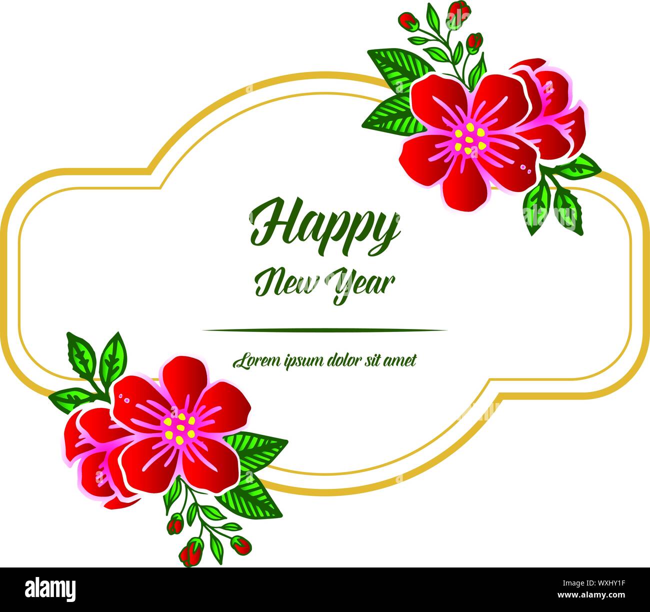 Element of card happy new year with drawing of red wreath frame. Vector ...