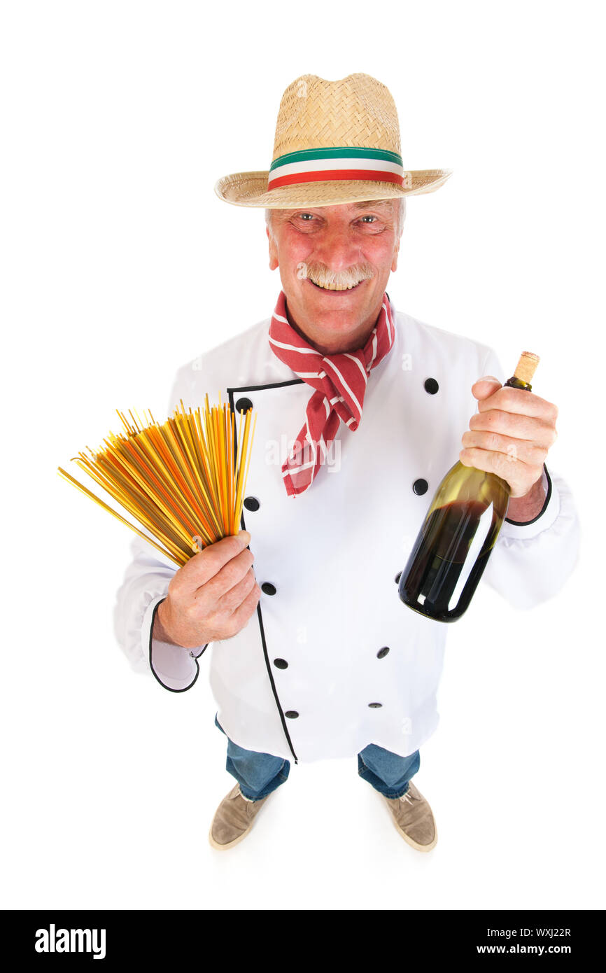 Italian cook holding mixed colorful spaghetti and a bottle of wine ...