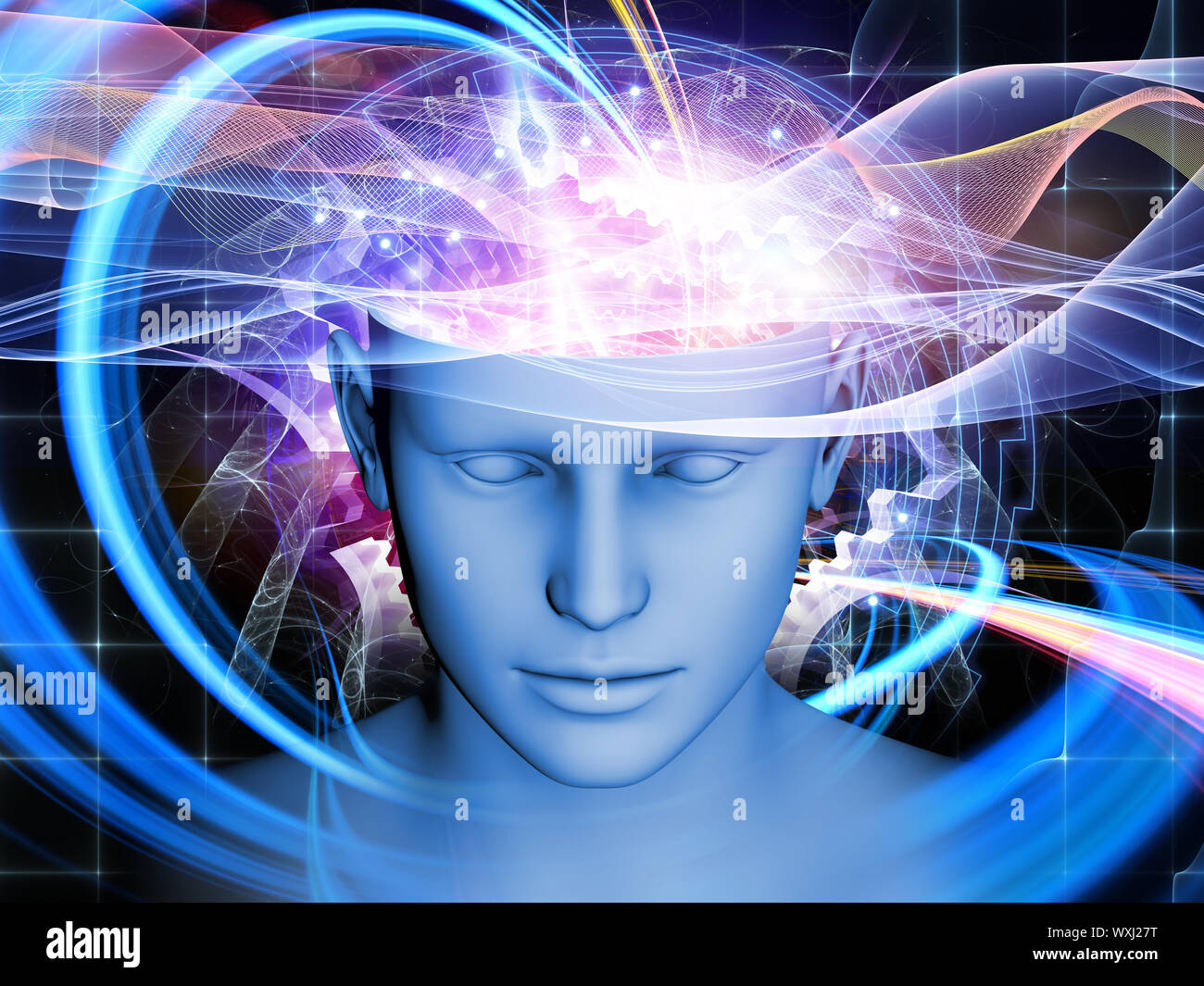 Artistic abstraction composed of human head and symbolic elements on ...