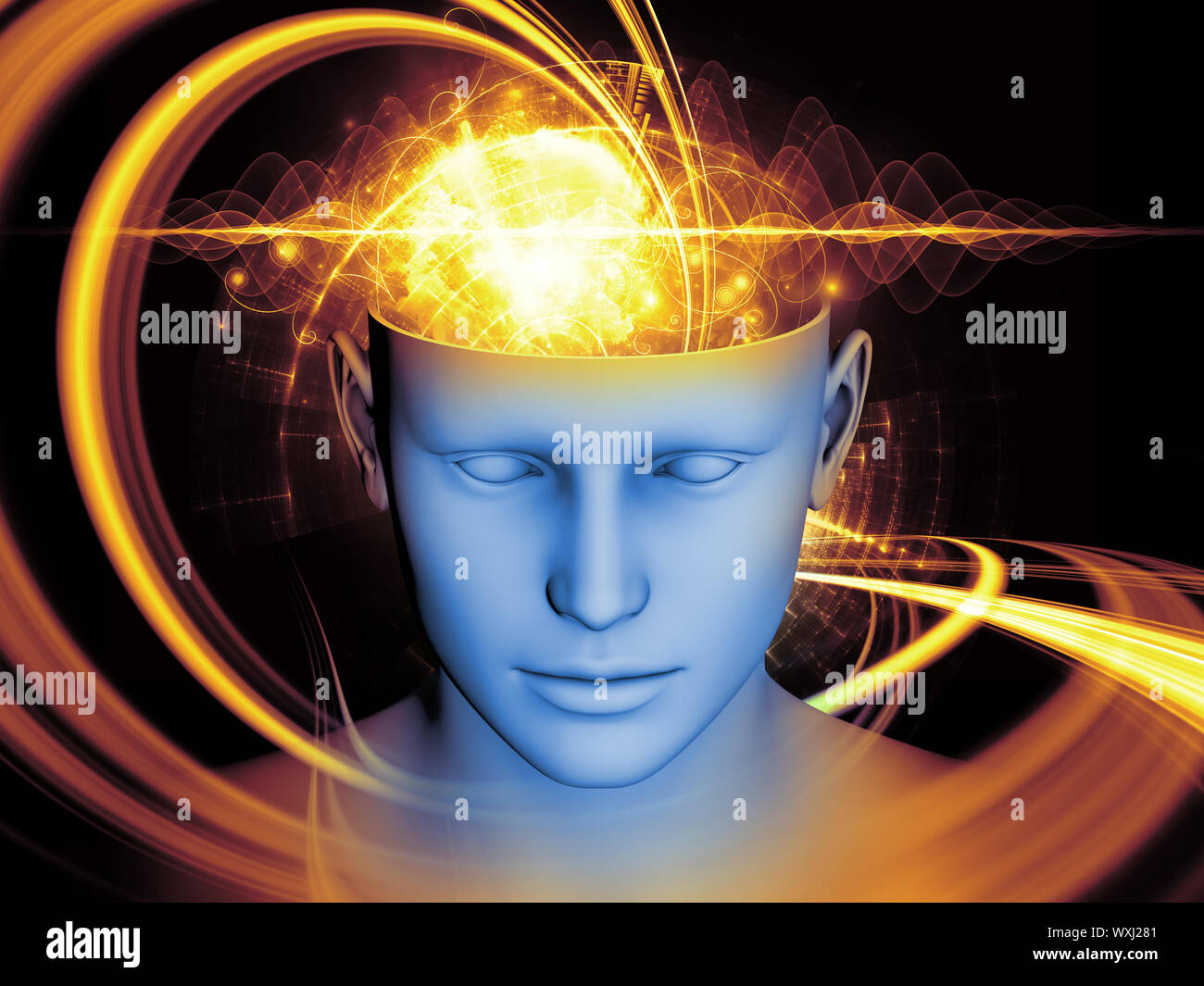 Artistic abstraction composed of human head and symbolic elements on ...