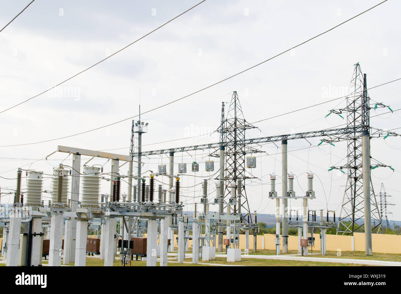 high-voltage substation with switch and breaker Stock Photo - Alamy