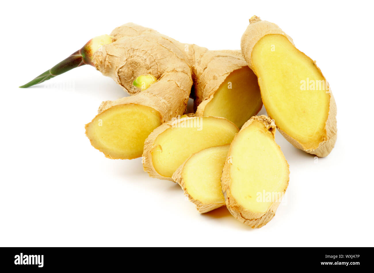 Heap of Ripe Ginger Full Body and Slices isolated on white background ...