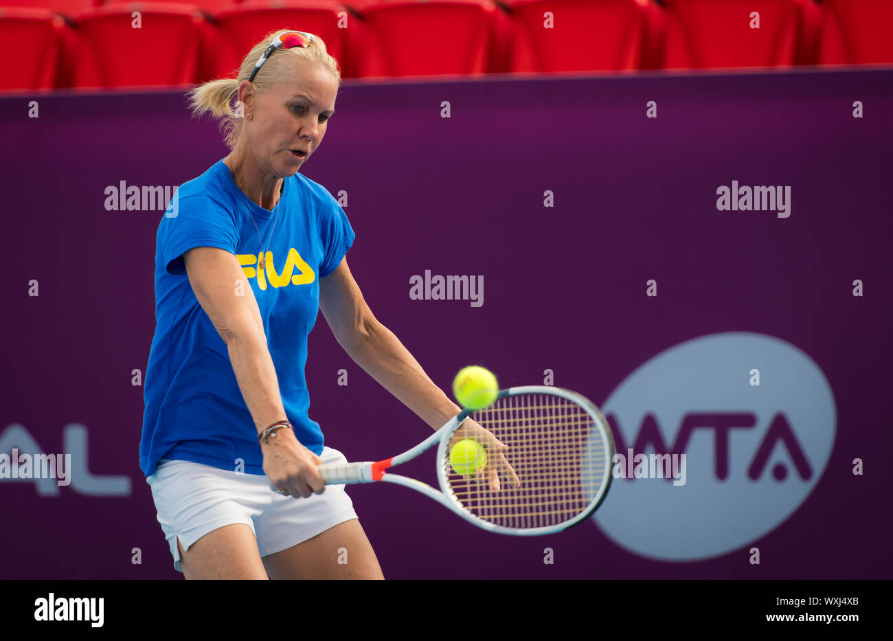 Rennae Stubbs during practice ahead of the 2019 Qatar Total Open WTA ...
