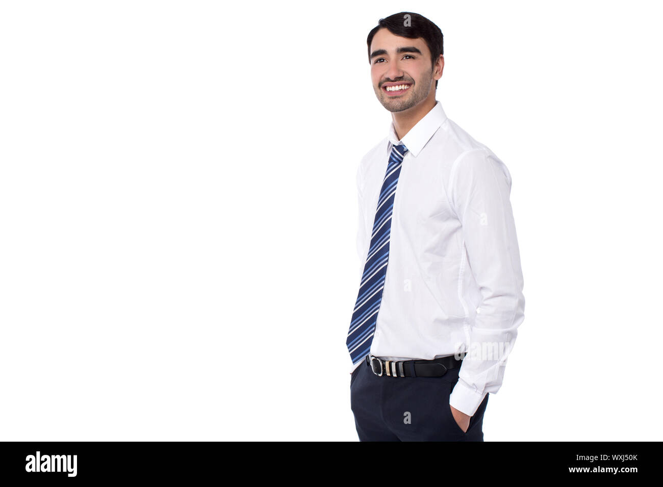 Smiling sales executive isolated over white Stock Photo - Alamy