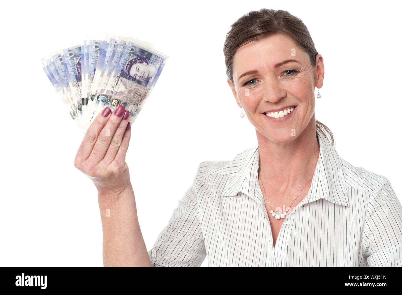 Woman showing british pound currency notes Stock Photo - Alamy