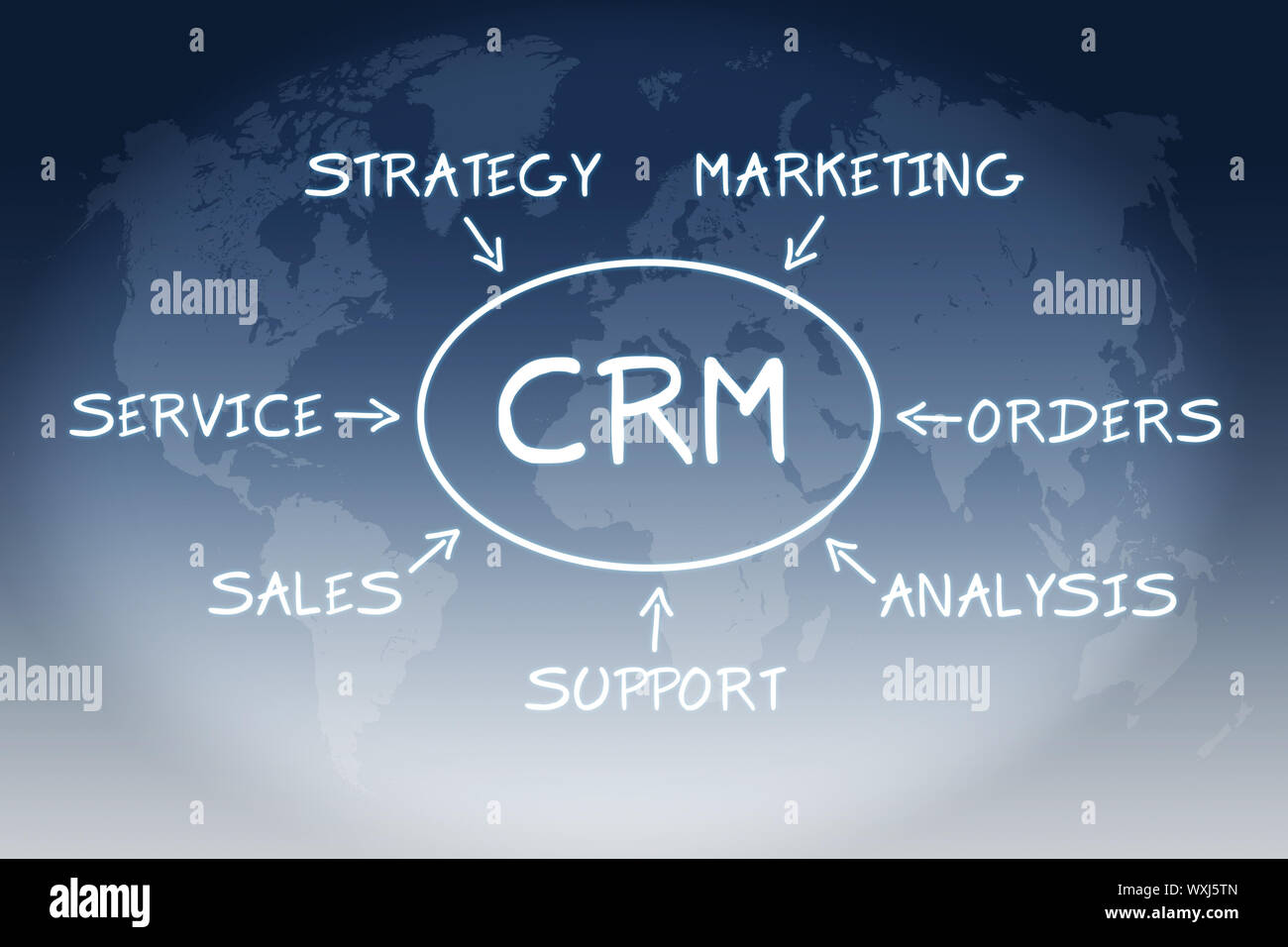 Customer Relationship Management concept on blue background with world ...