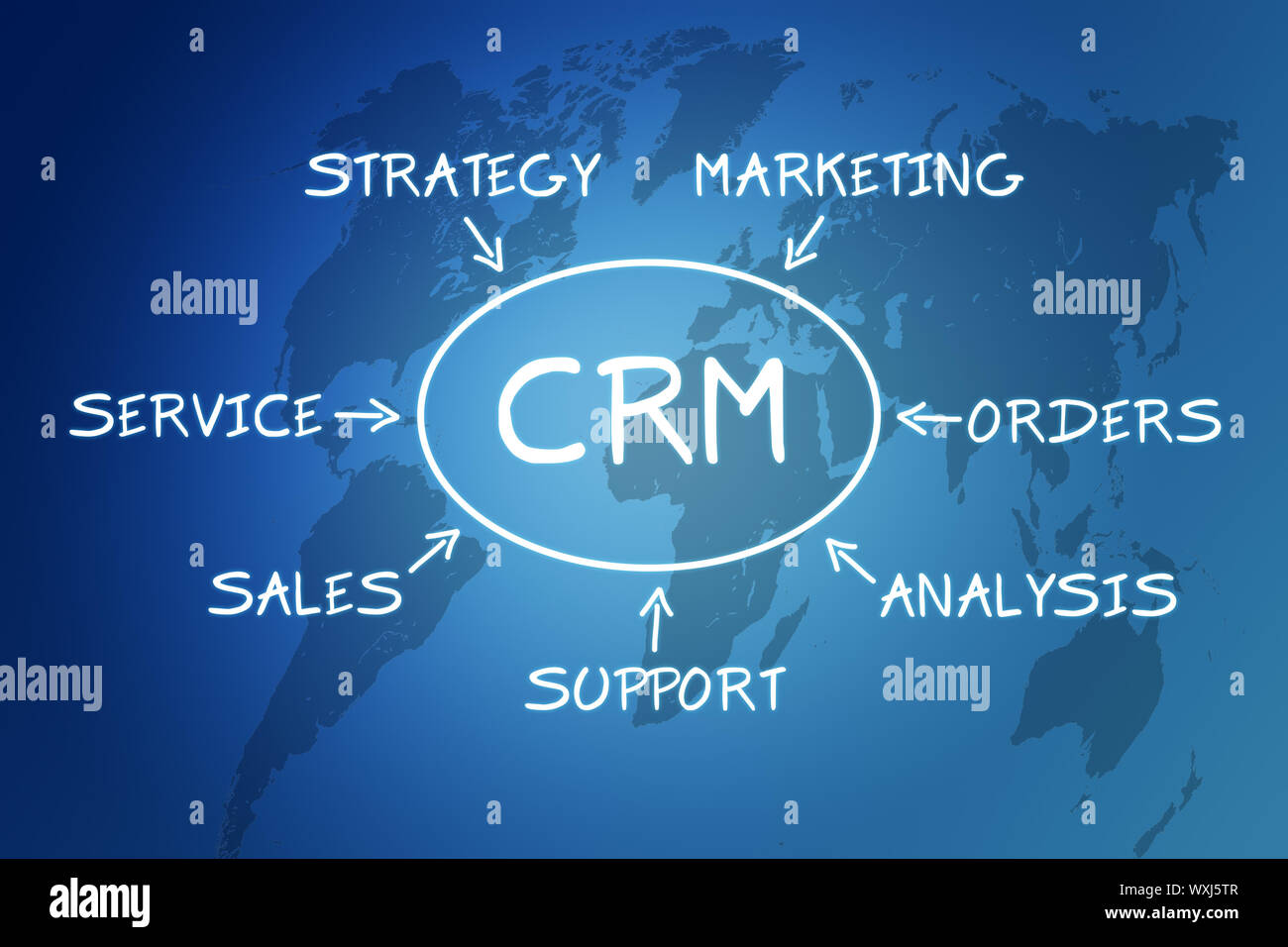 Customer Relationship Management concept on blue background with world ...