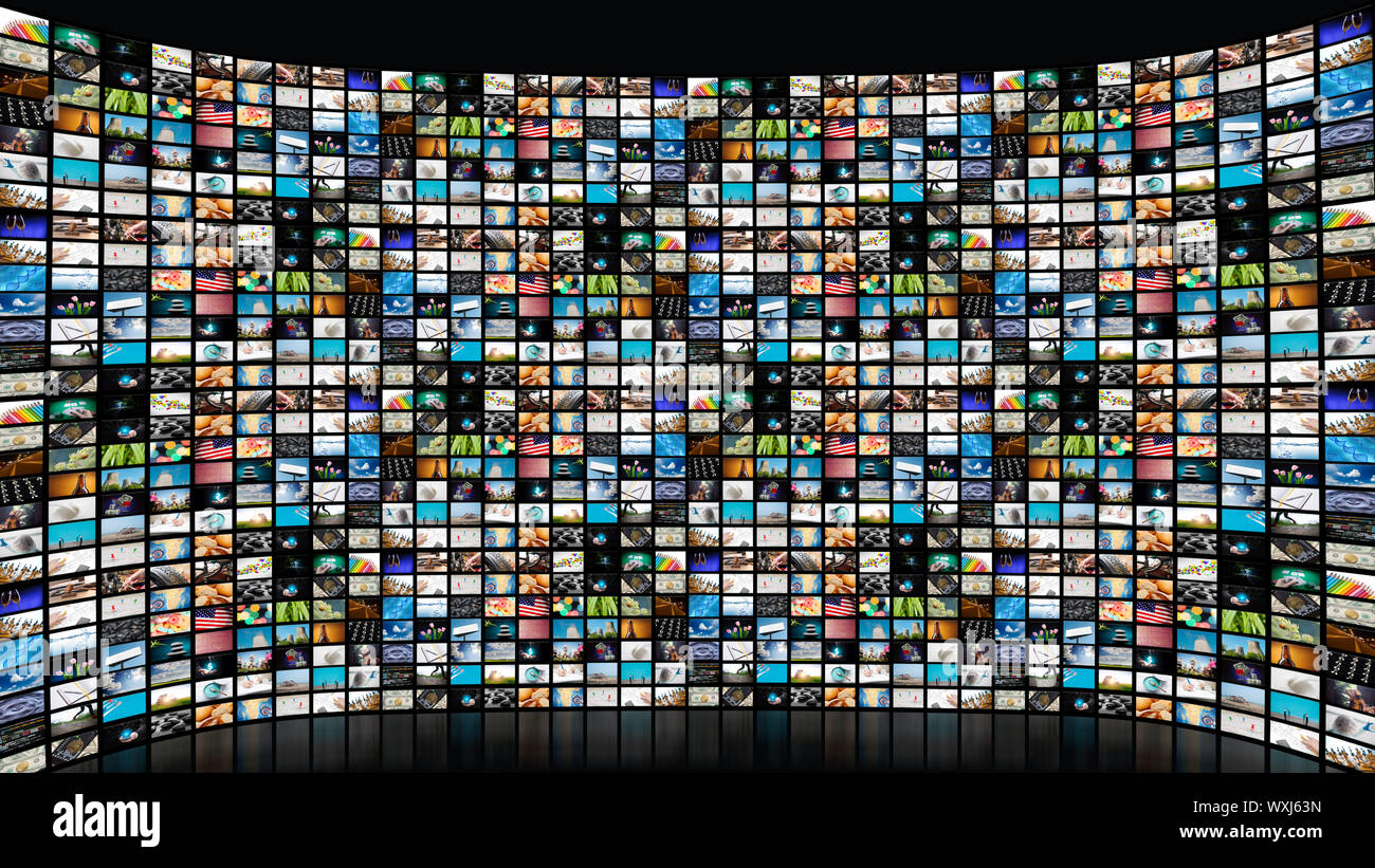 Large interactive TV with many smart channels on black background Stock ...