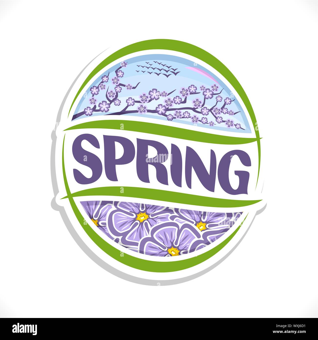Vector logo for Spring season: on morning sky flock of birds, branch ...
