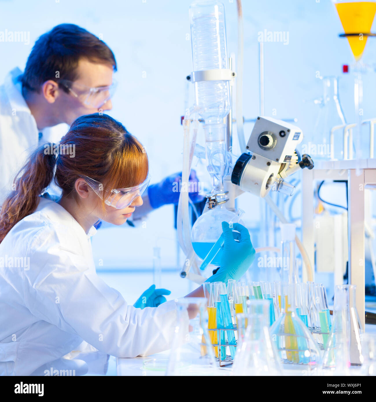 Chemical laboratory scene: attractive young PhD student and her post ...