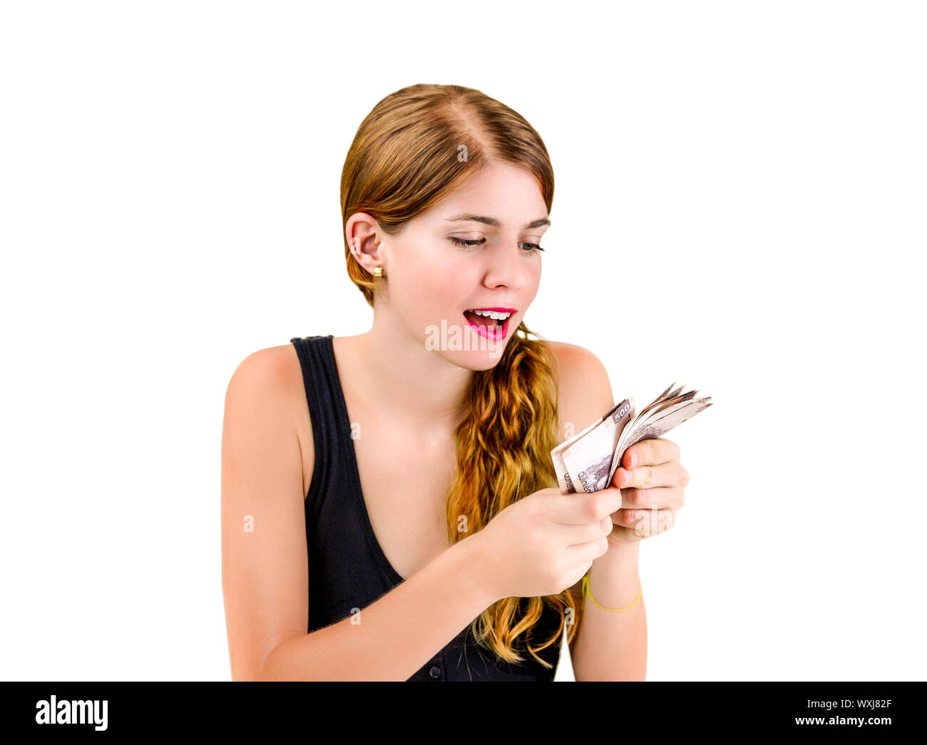 Happy Young female counting Cash Stock Photo - Alamy