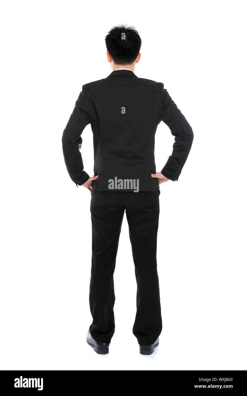 Rear or back view full body Asian business man in formal suit standing ...