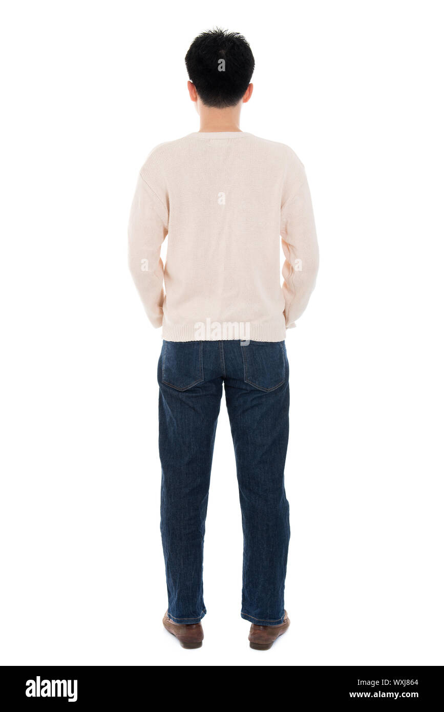 Rear or back view full body casual Asian man standing isolated on white ...
