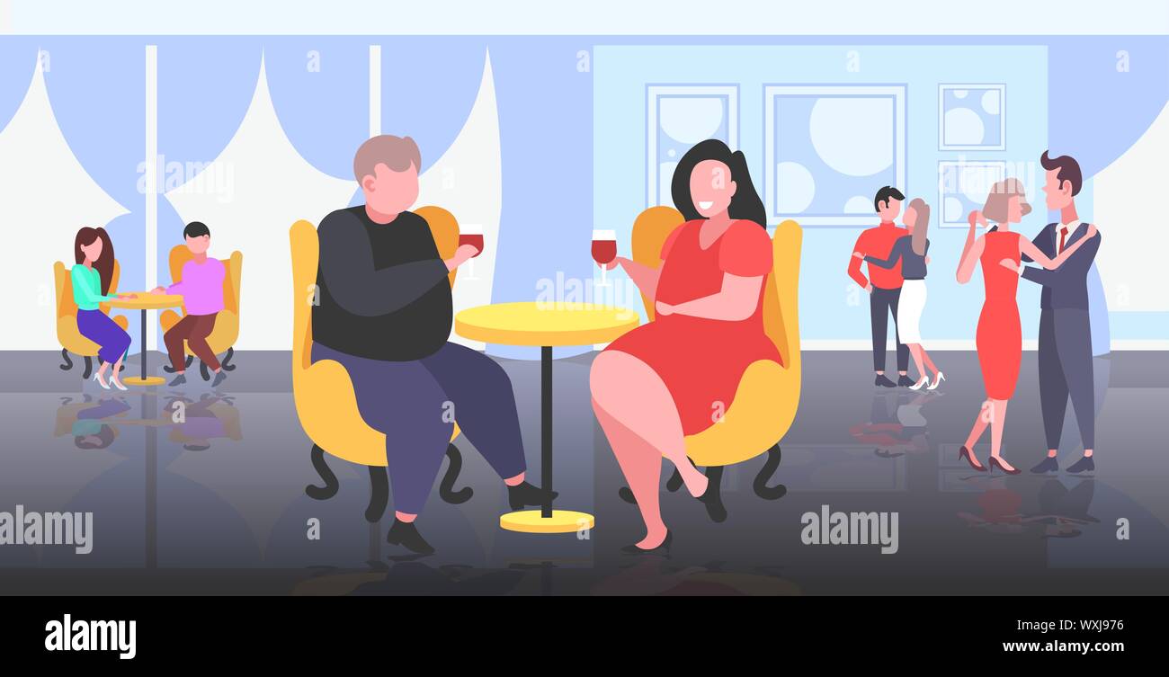 Fat Overweight Couple Sitting At Cafe Table Obese Man Woman Drinking