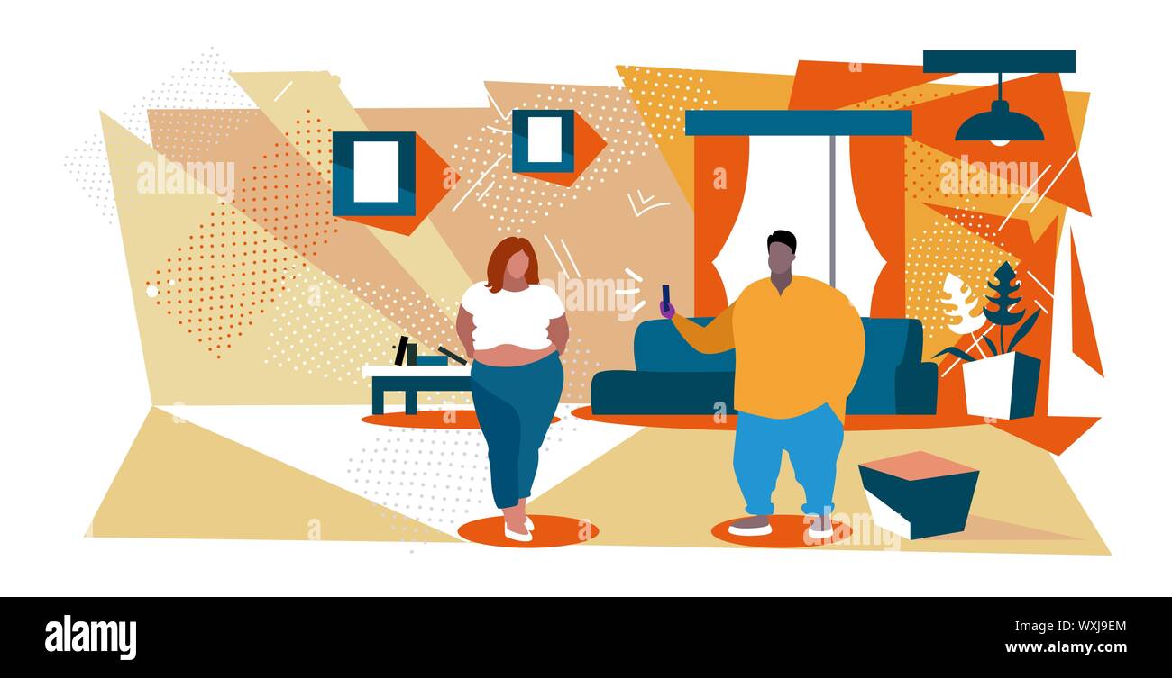 fat man using smartphone taking photo of obese overweight woman model ...