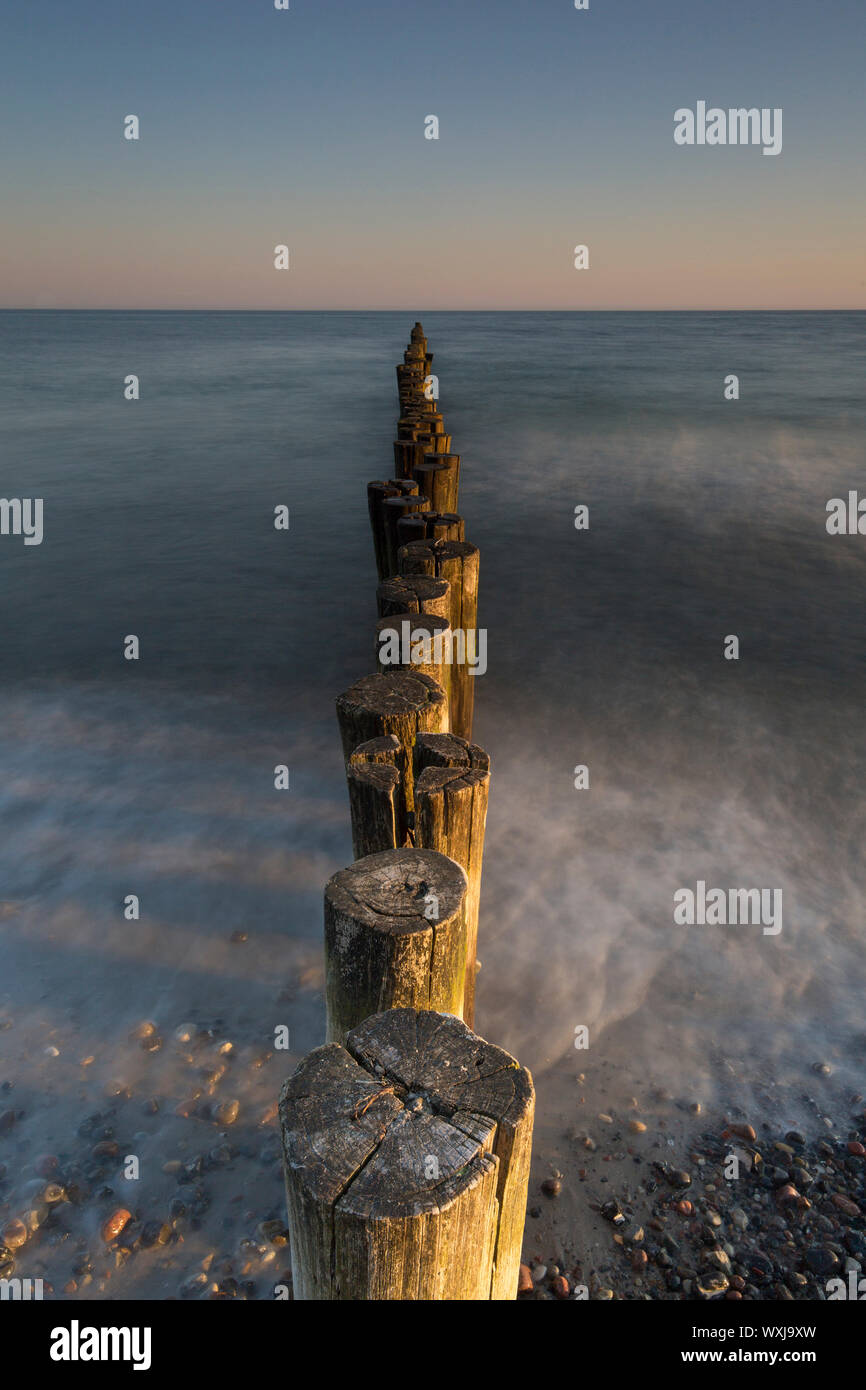 Timber groyne at the Baltic Sea coast. Mecklenburg-Vorpommern, Germany ...