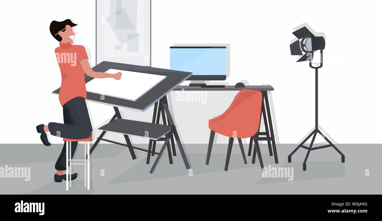 male designer using adjustable board man planning project engineering ...