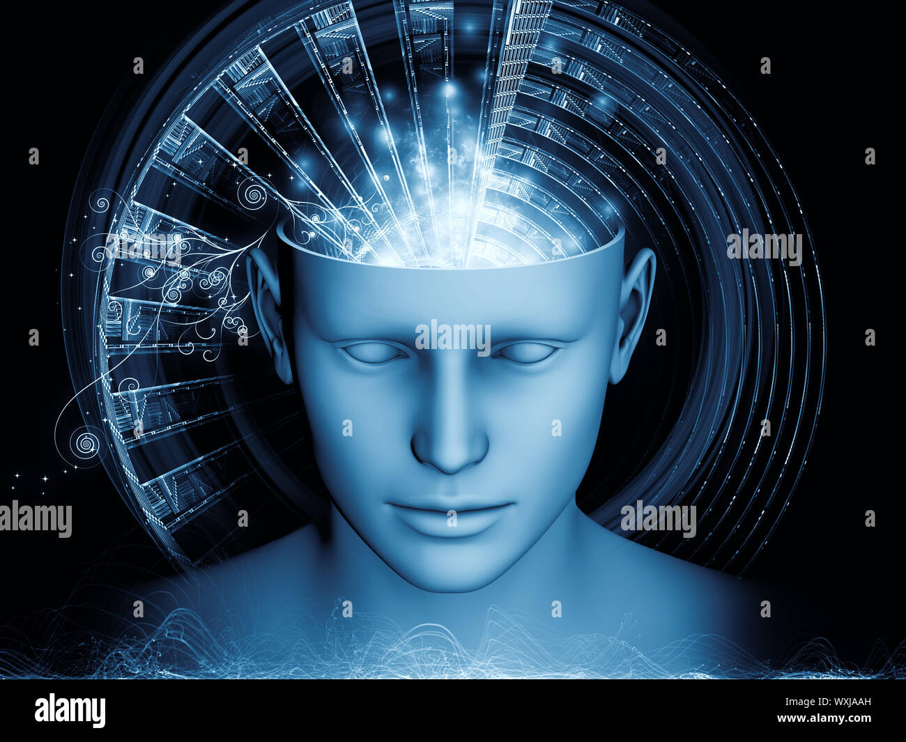 Artistic abstraction composed of human head and symbolic elements on ...