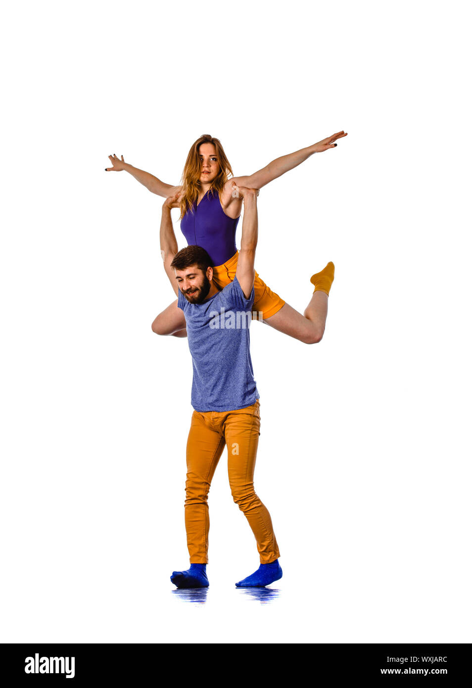 The two young modern ballet dancing over white studio background Stock ...