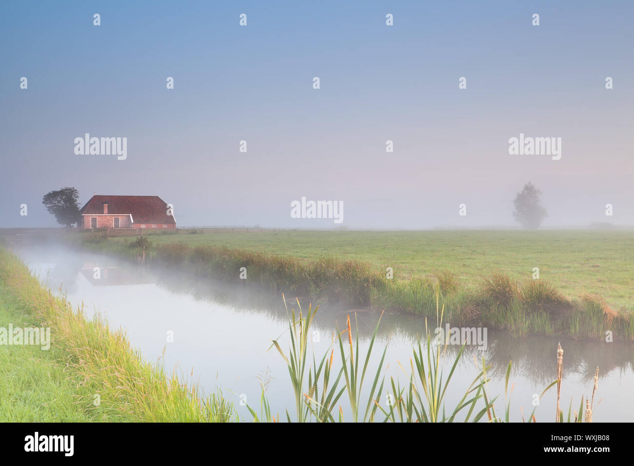 farmhouse on riverside in morning fog during sunrise Stock Photo - Alamy