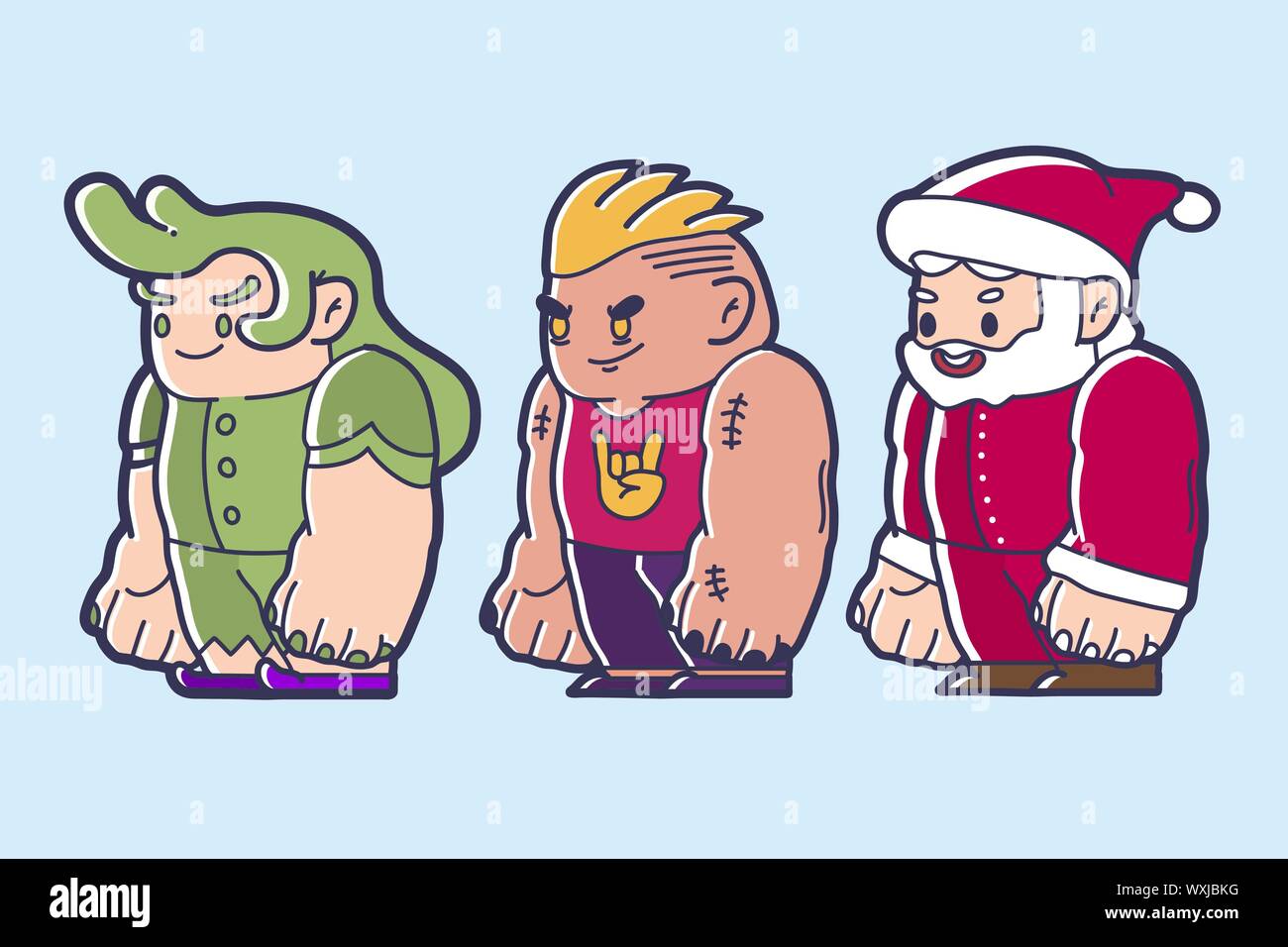 Cute cartoon character design of a fairy, mohawk man and santa claus ...