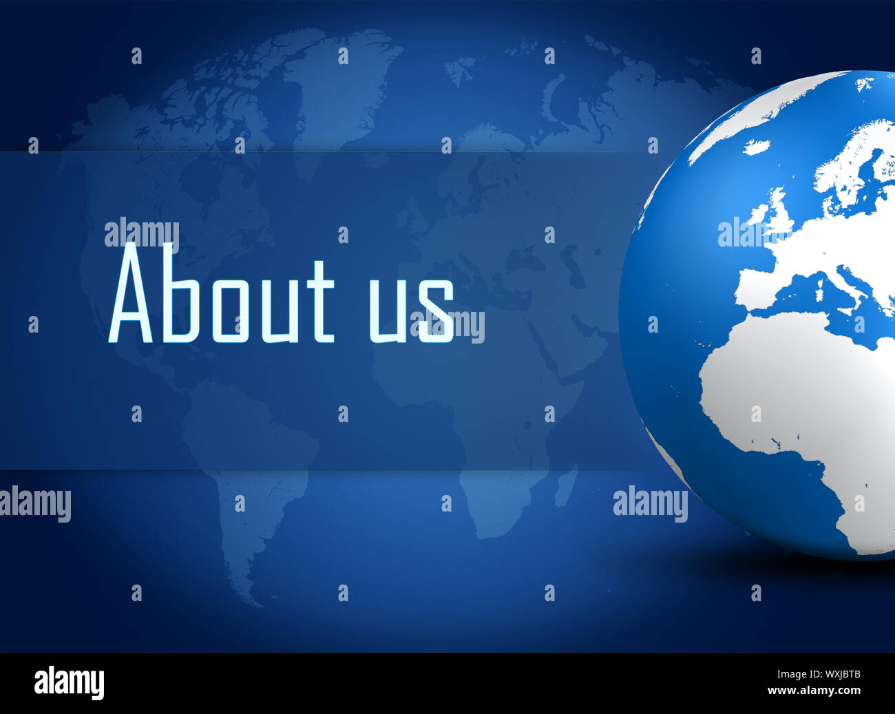 About us concept with globe on blue world map background Stock Photo ...