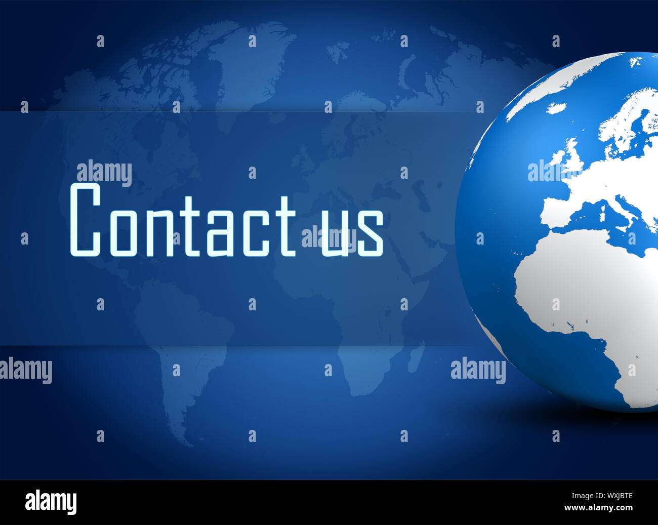 Contact us concept with globe on blue world map background Stock Photo ...