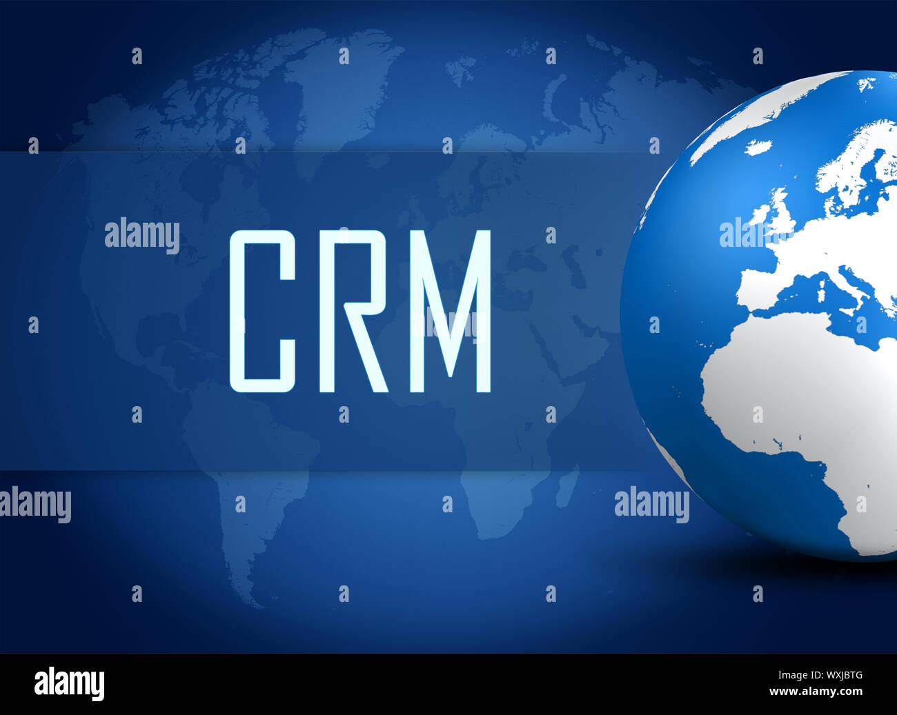 Customer Relationship Management concept with globe on blue world map ...