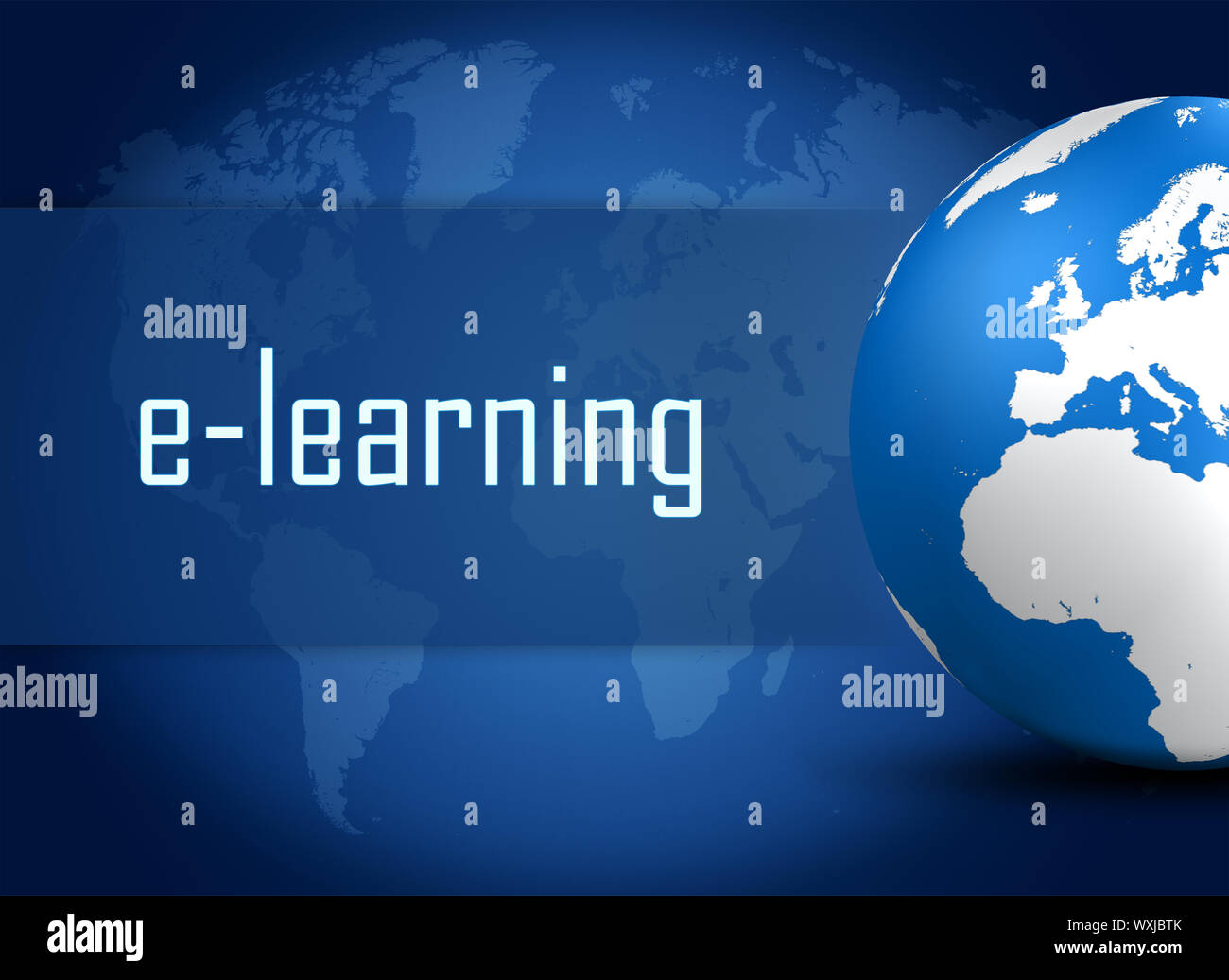 E-learning concept with globe on blue world map background Stock Photo ...