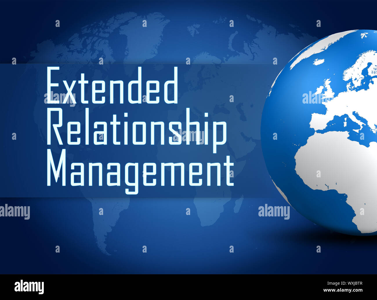 Extended Relationship Management concept with globe on blue world map ...