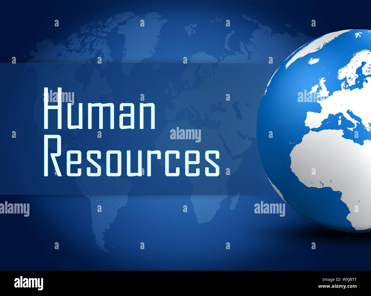 Human resources concept with globe on blue world map background Stock ...