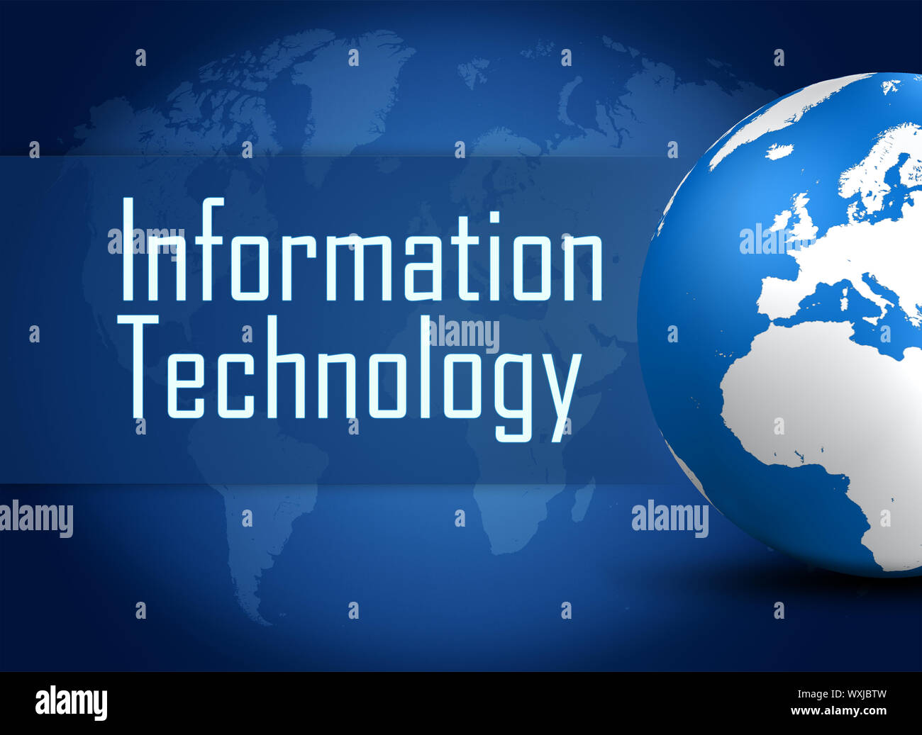 Information Technology concept with globe on blue world map background ...