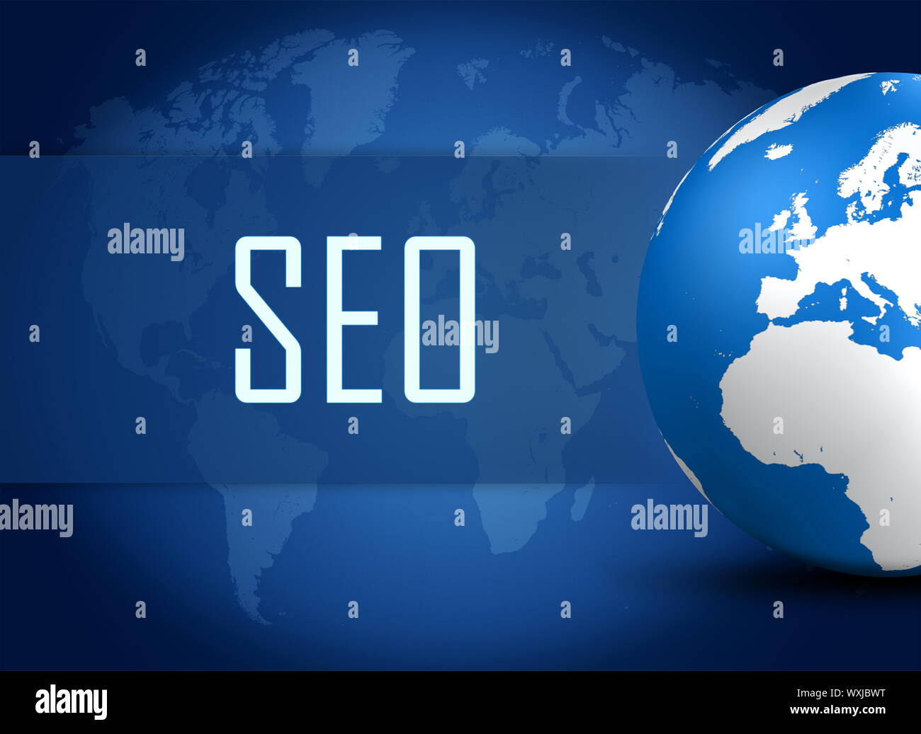 Search Engine Optimization concept with globe on blue world map ...