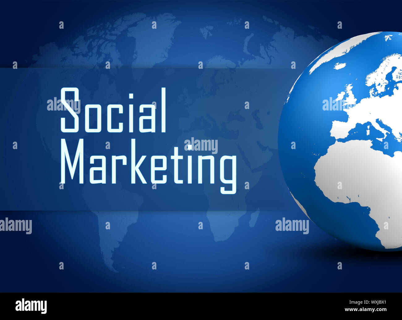 Social Marketing concept with globe on blue world map background Stock ...