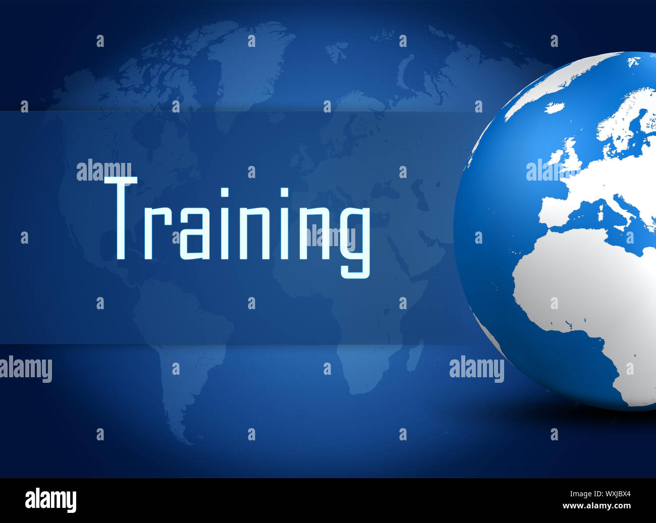 Training concept with globe on blue world map background Stock Photo ...
