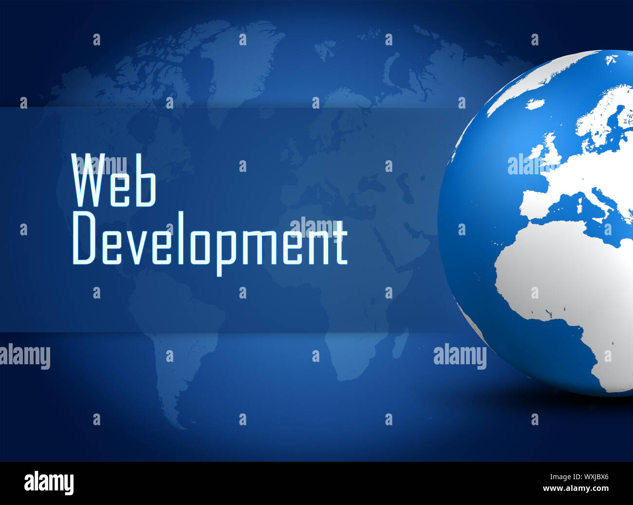 Web Development concept Illustration on blue background with a world ...