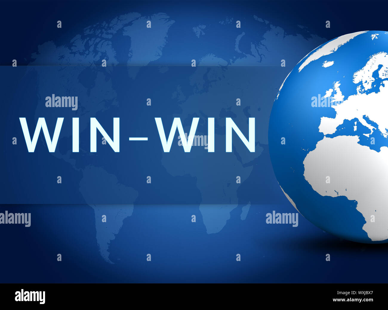 Win-Win concept with globe on blue world map background Stock Photo - Alamy
