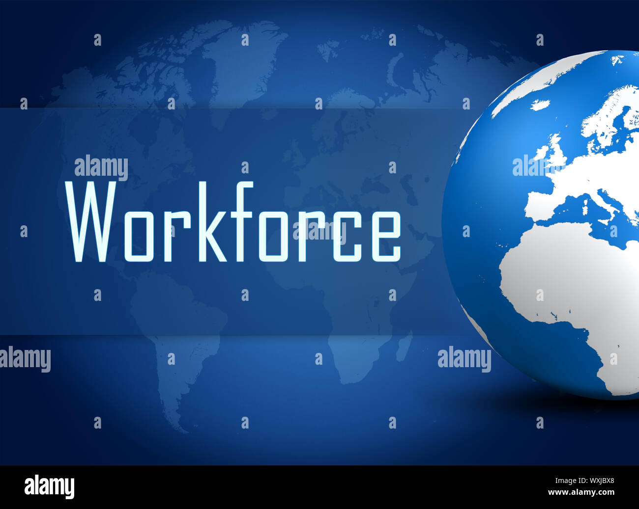 Workforce concept with globe on blue world map background Stock Photo ...