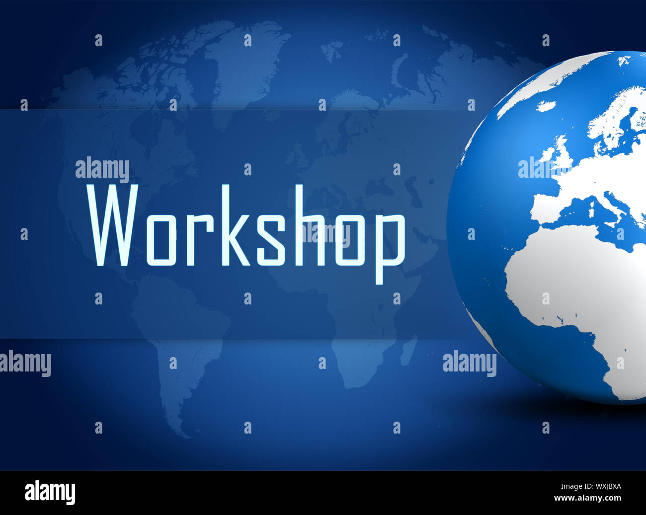 Workshop concept with globe on blue world map background Stock Photo ...