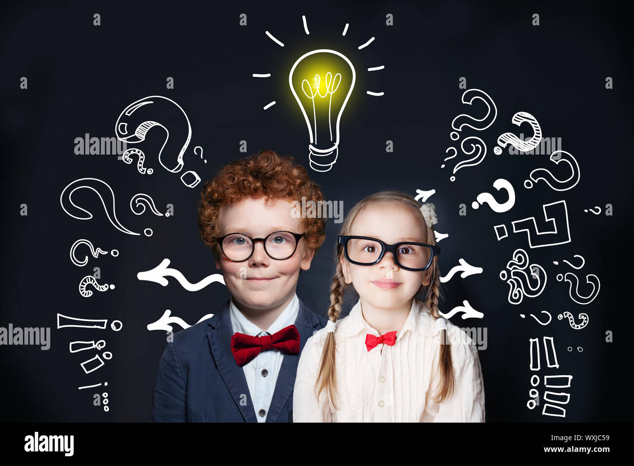 Brainstorming and idea concept. Smart successful children girl and boy ...