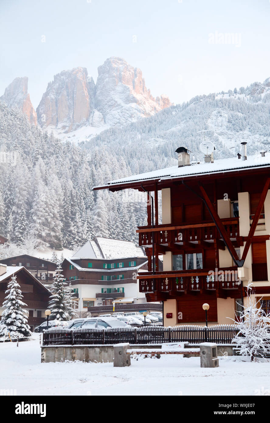 Italian ski resort with Dolomites in background Stock Photo - Alamy
