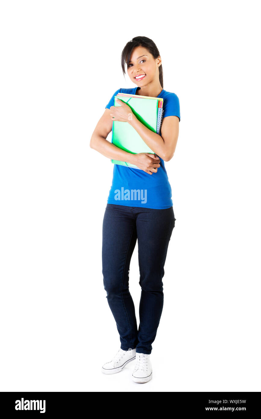 Happy student woman with notebooks, isoalted on white background Stock ...